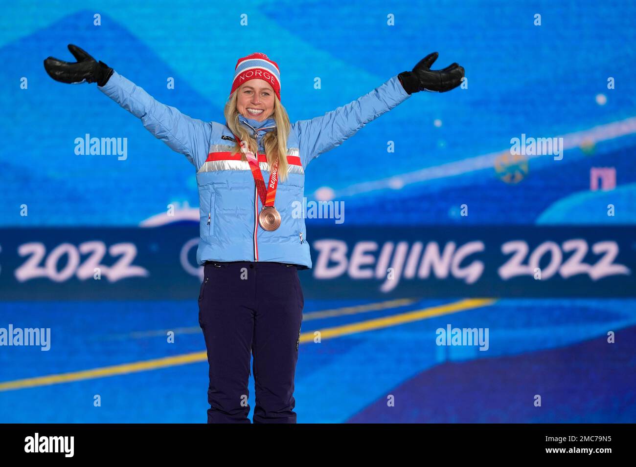 Bronze medal winner Tiril Eckhoff of Norway celebrates during a medal ...