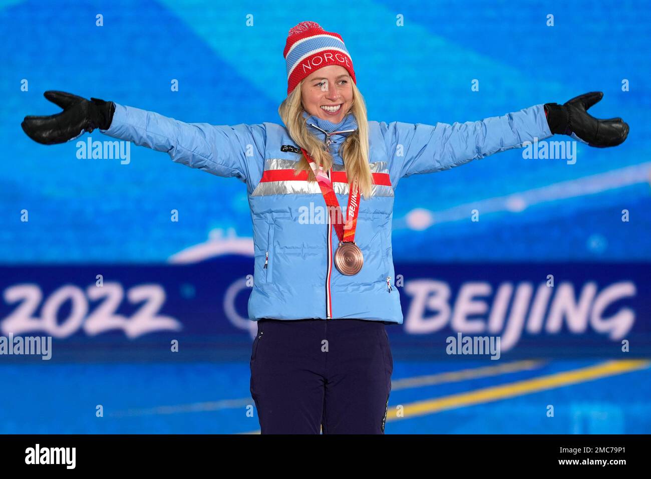 Bronze medal winner Tiril Eckhoff of Norway celebrates during a medal ...
