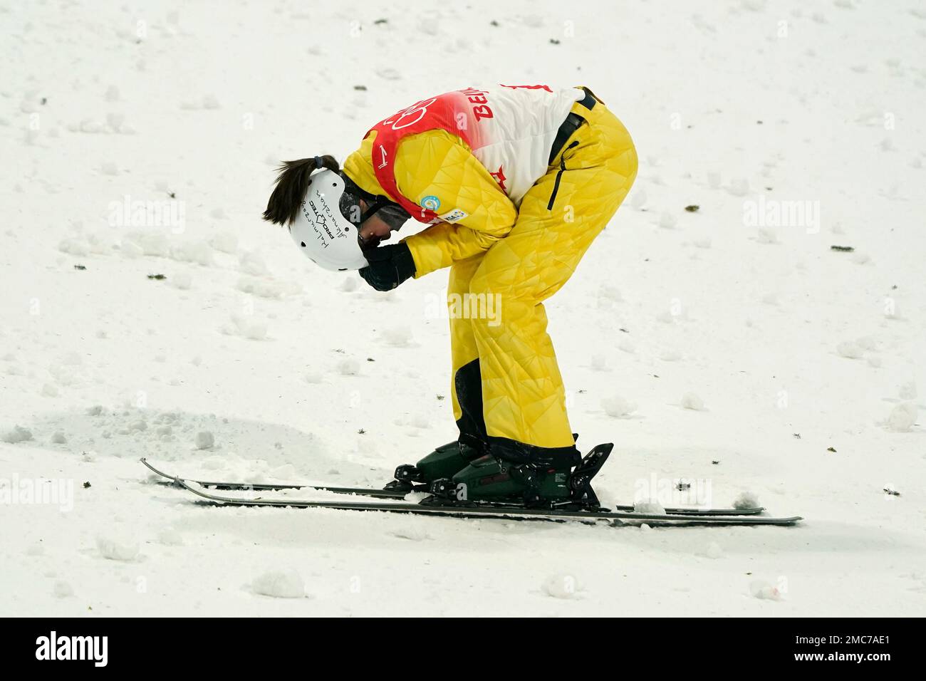 Kazakhstan's Akmarzhan Kalmurzayeva reacts during the women's aerials ...