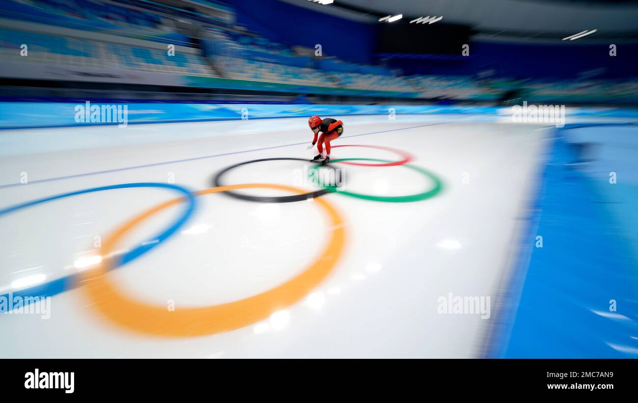 Han Mei of China skates during a speedskating practice session at the ...