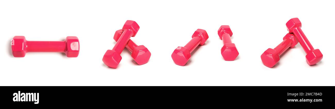 Set of pink dumbbells isolated on white background. View from above ...