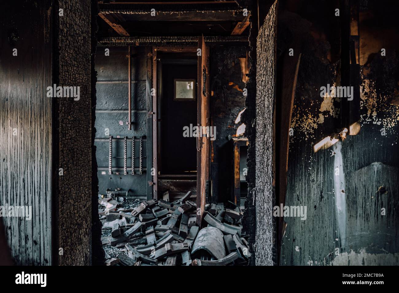 Train after fire. Burnt interior of passenger carriage. Consequences of ...