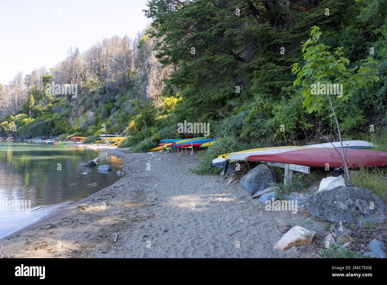 Colorful kayaks at the beach of Lago General Carrera near the famous ...