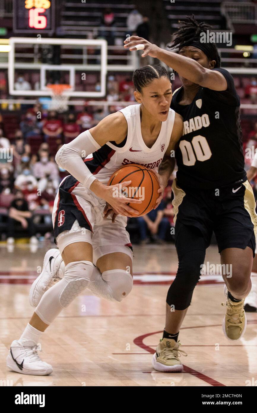 Stanford guard Haley Jones, left, collides with Colorado guard Jaylyn ...