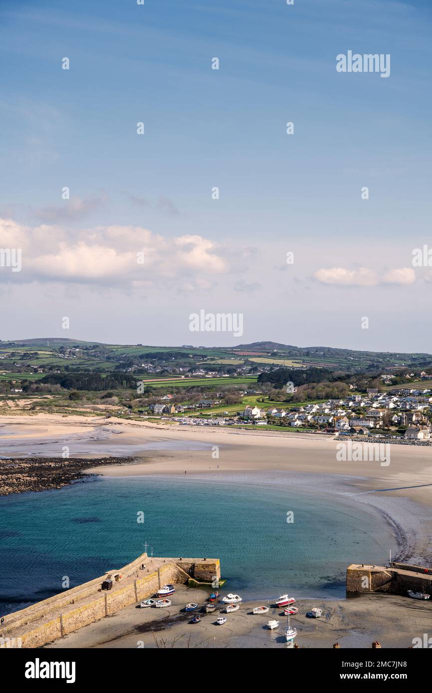 Aerial view of Marazion and the harbour at St Michael's Mount in ...