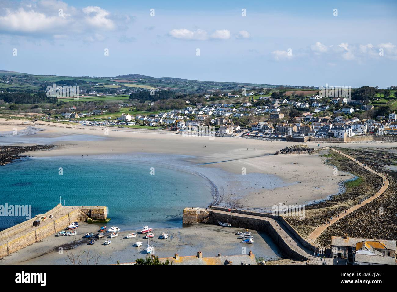 Aerial view of Marazion and the harbour at St Michael's Mount in ...