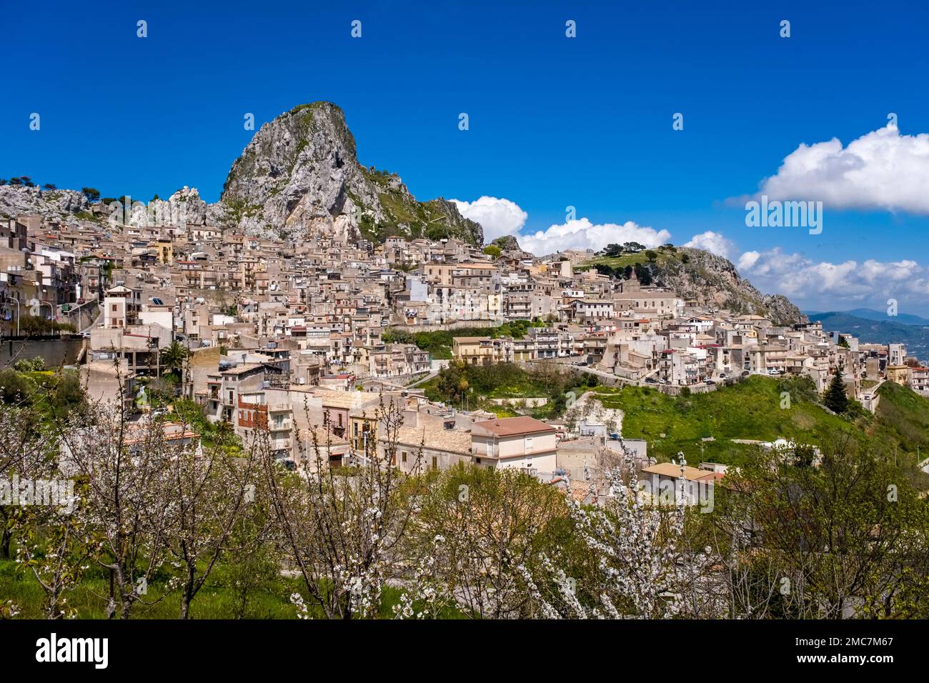 View of the houses of the small town of Caltabellotta, situated on a ...