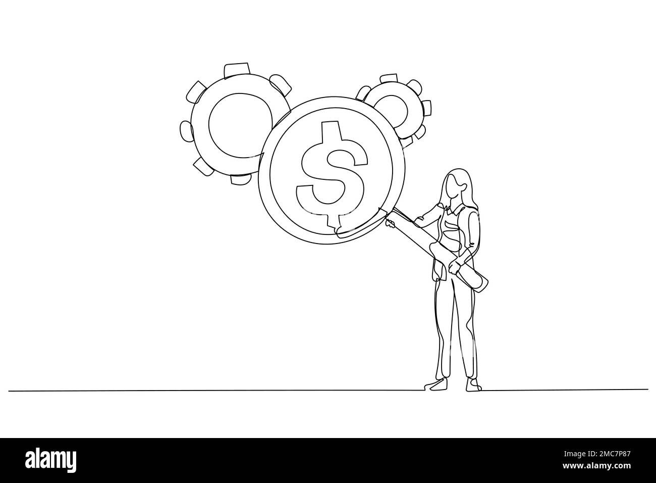 Drawing of businesswoman with magnifier showing dollar money reflection looking at gear cogwheel ...