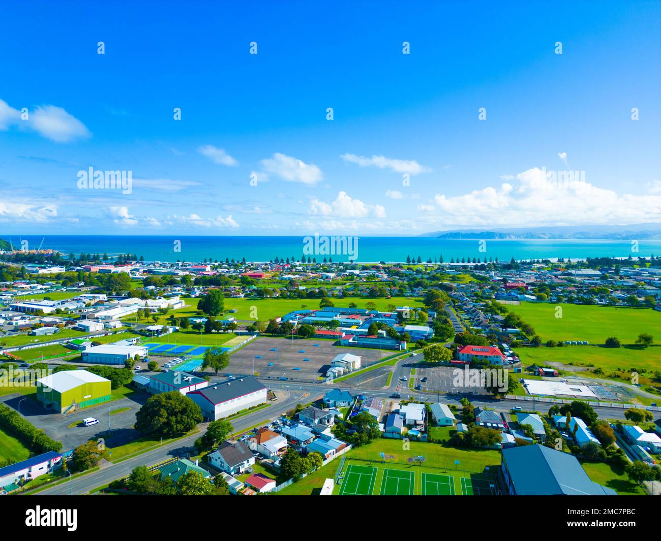 A beautiful view of the city of Gisborne in New Zealand with buildings ...