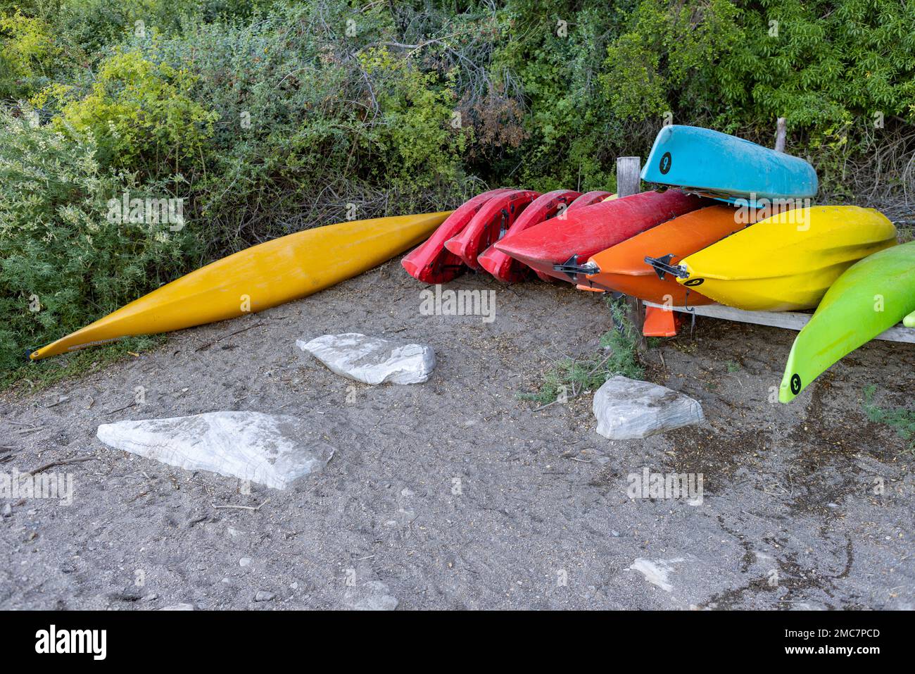 Colorful kayaks at the beach of Lago General Carrera near the famous ...
