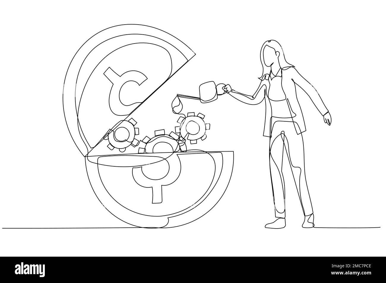 Cartoon of businesswoman put lubricant oil on opening gold coin concept ...