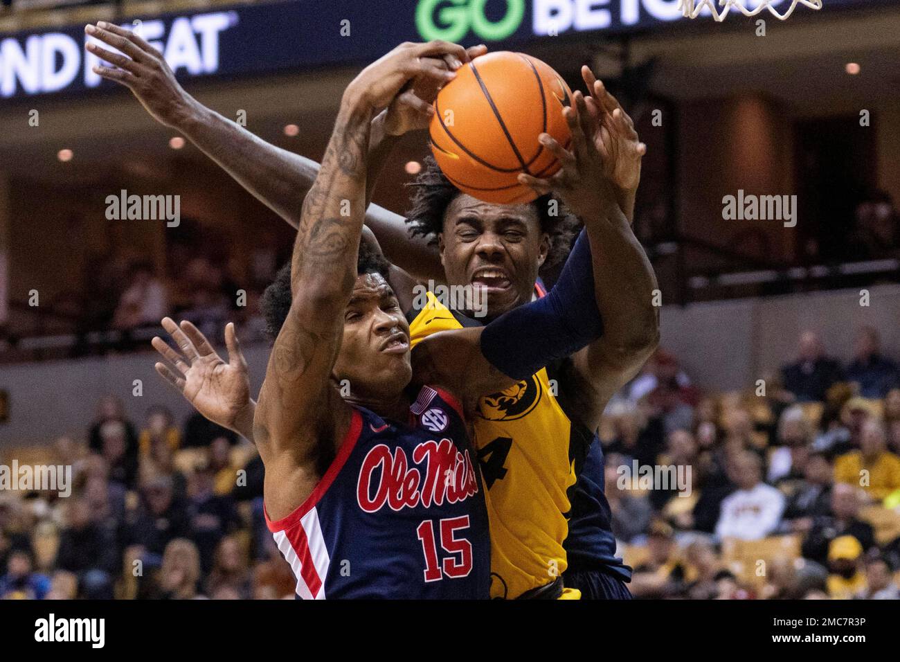 Mississippi's Luis Rodriguez, left, and Missouri's Kobe Brown vie for a ...