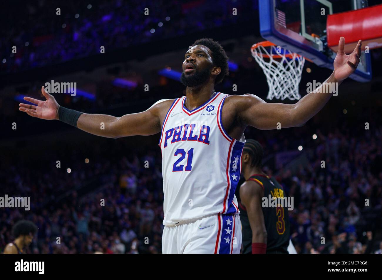 Philadelphia 76ers' Joel Embiid reacts after dunking and getting fouled ...