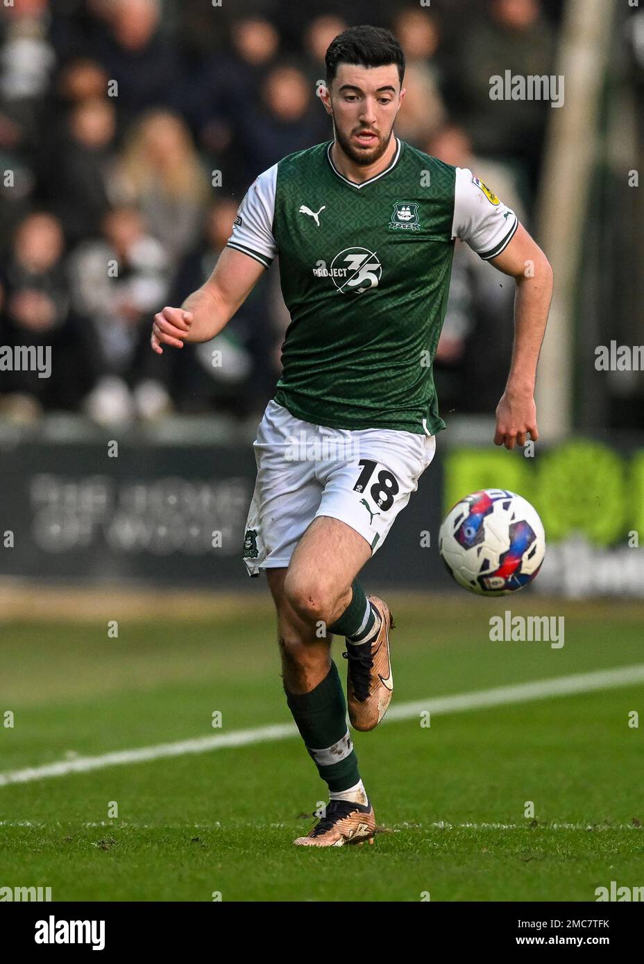 Plymouth Argyle midfielder Finn Azaz (18) controls the ball during the ...