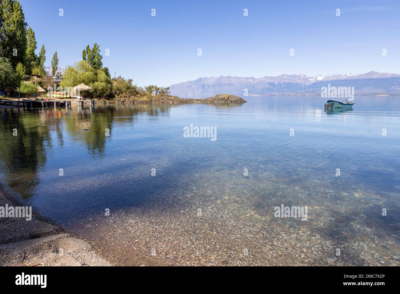 Fishing boat on Lago General Carrera near Puerto Rio Tranquilo, Chile ...