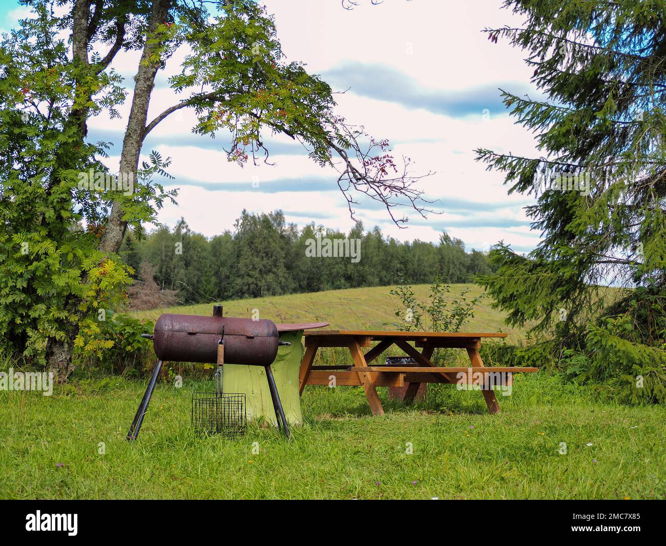 Picnic table and BBQ pit at a forest campsite . South Estonia country ...