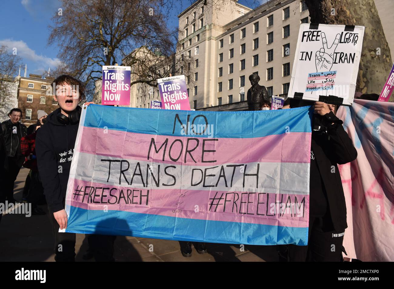 London, England, UK. 21st Jan, 2023. Trans rights activists protest the ...