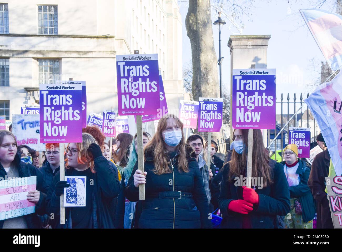 London, UK. 21st January 2023. Protesters gathered outside Downing ...