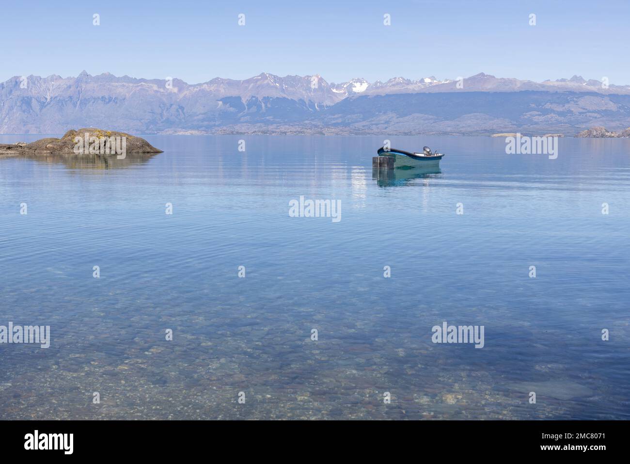 Fishing boat on Lago General Carrera near Puerto Rio Tranquilo, Chile ...