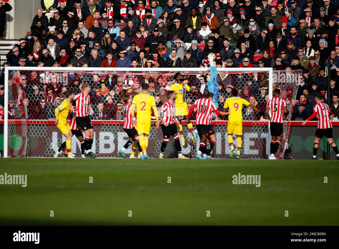 Brentford's goalkeeper David Raya grabs the ball to save a goal during the English Premier ...