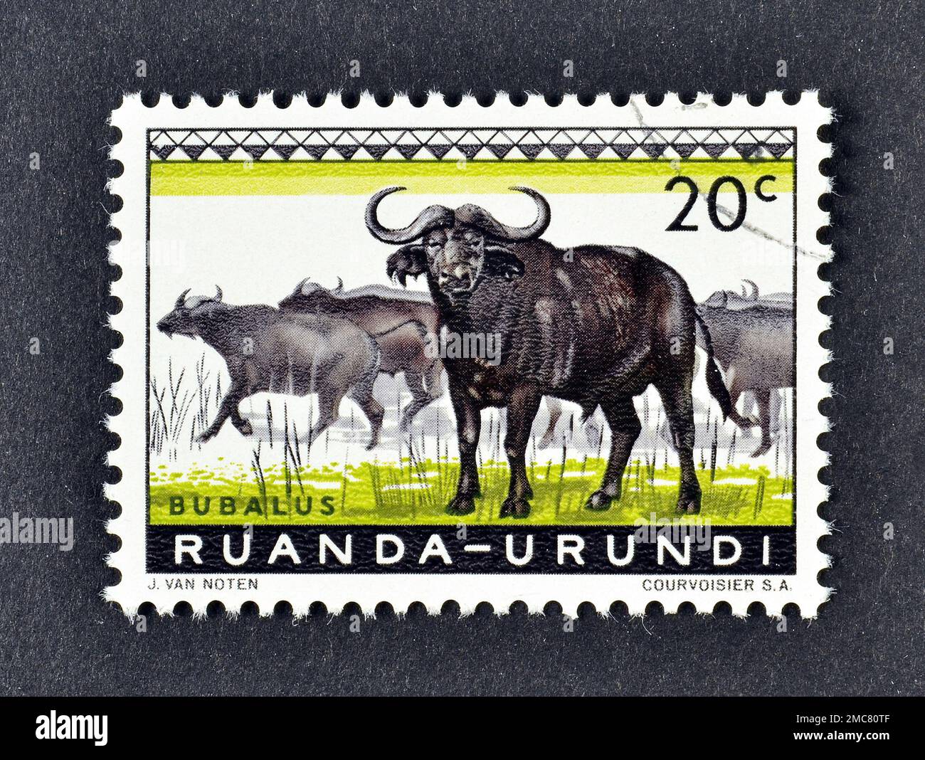 Cancelled postage stamp printed by Rwanda, that shows Buffalo, circa ...