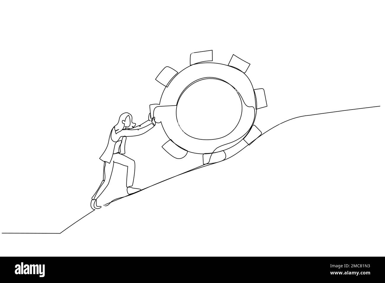 Illustration of businesswoman pushing gear to the top metaphor of ...