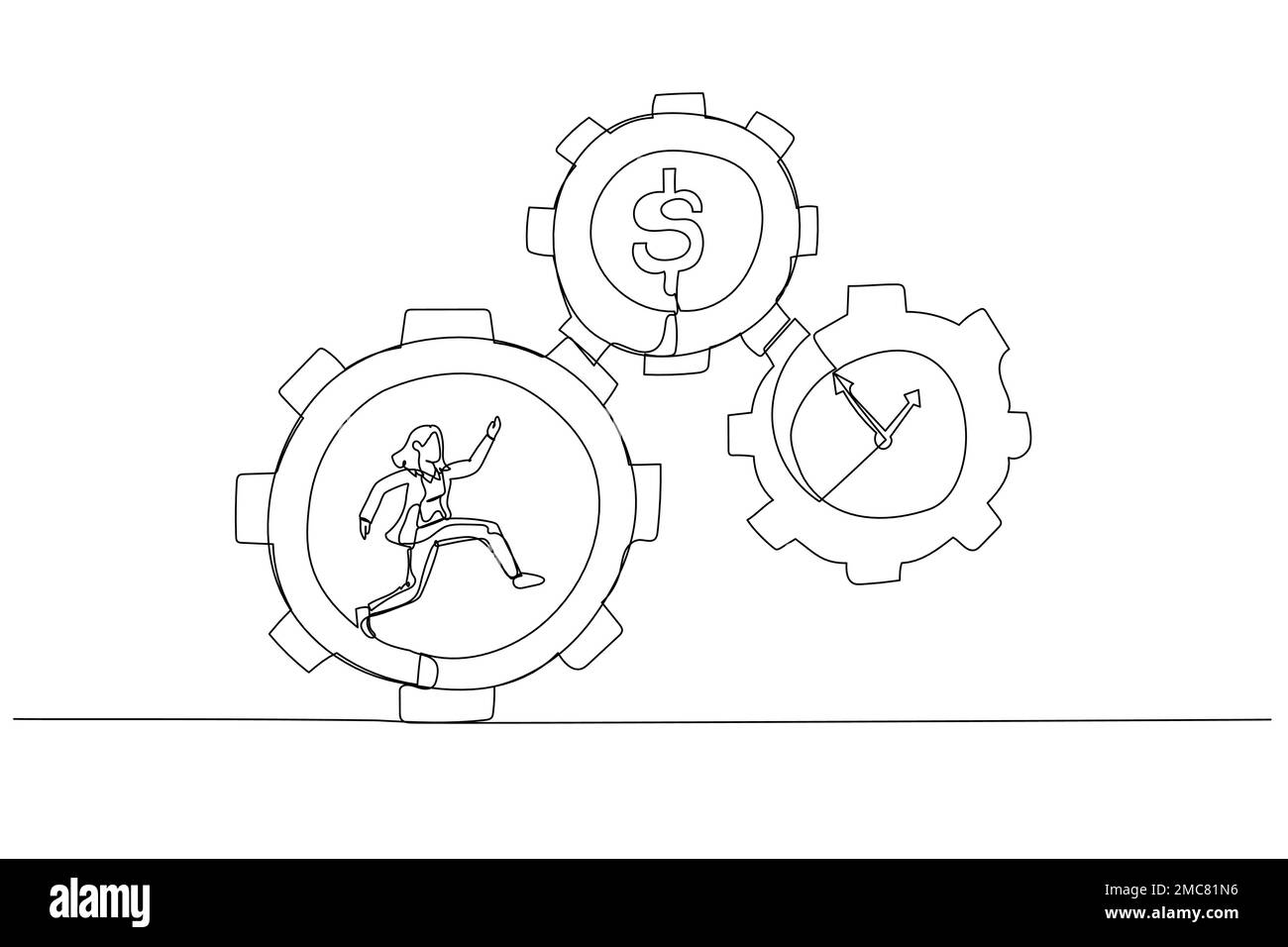 Cartoon of businesswoman running inside gear cogs make time and money ...