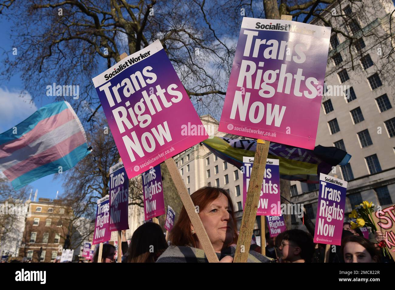 London, England, UK. 21st Jan, 2023. Trans rights activists protest the ...