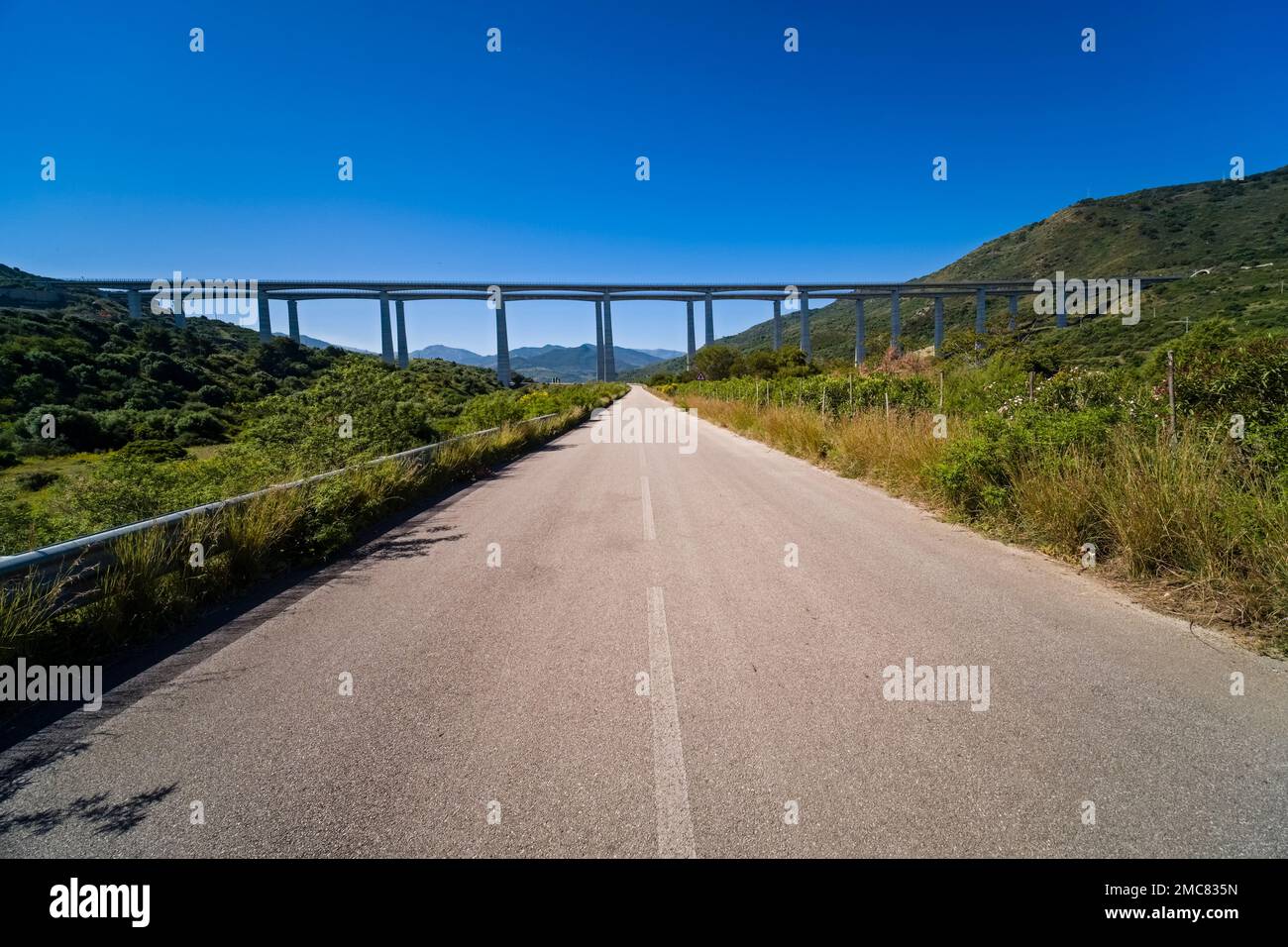 A large, long bridge of the Messina-Palermo highway spans the valley of ...
