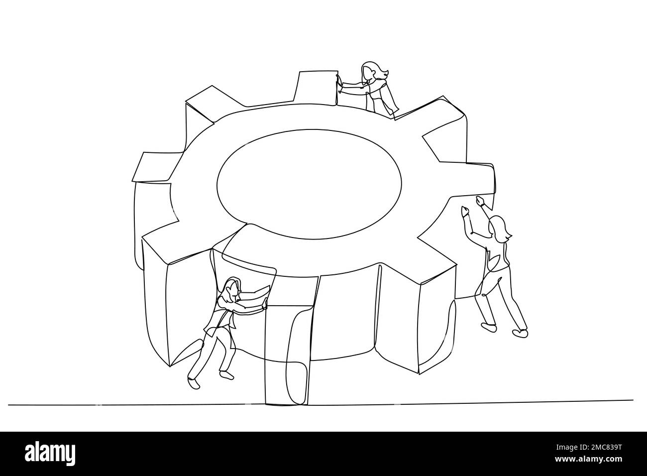 Drawing of businesswoman spinning cogwheel gear together with team ...