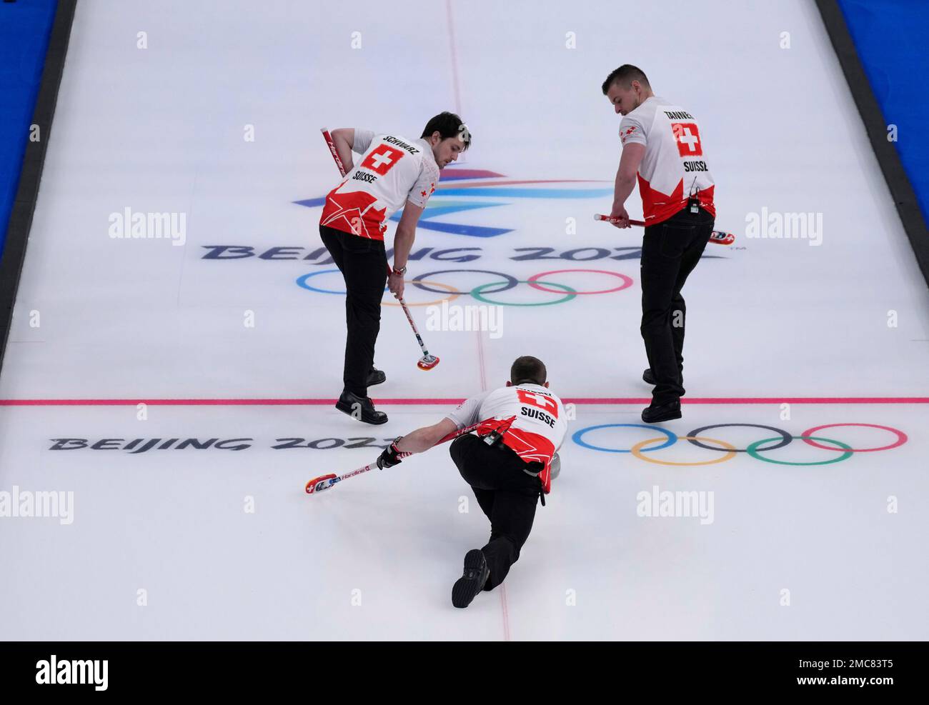Switzerland's Sven Michel, throws a rock, during the men's curling ...
