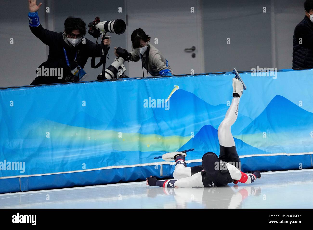 Austin Kleba of the United States falls during his heat in the men's ...