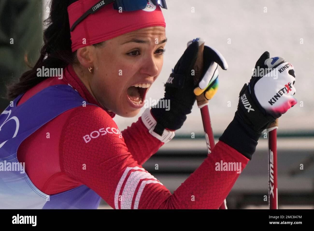 Veronika Stepanova, of the Russian Olympic Committee, celebrates as she ...