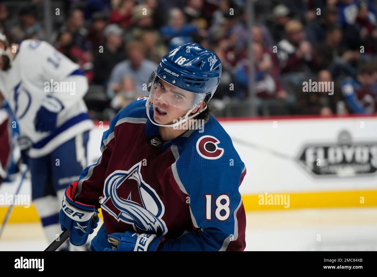 Colorado Avalanche center Alex Newhook (18) in the second period of an ...