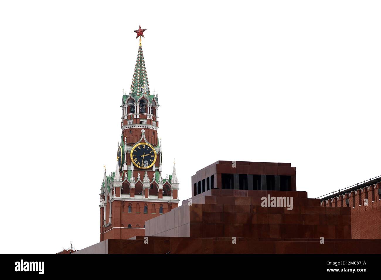 Red square in Moscow, Kremlin tower and Lenin Mausoleum on overcast sky ...