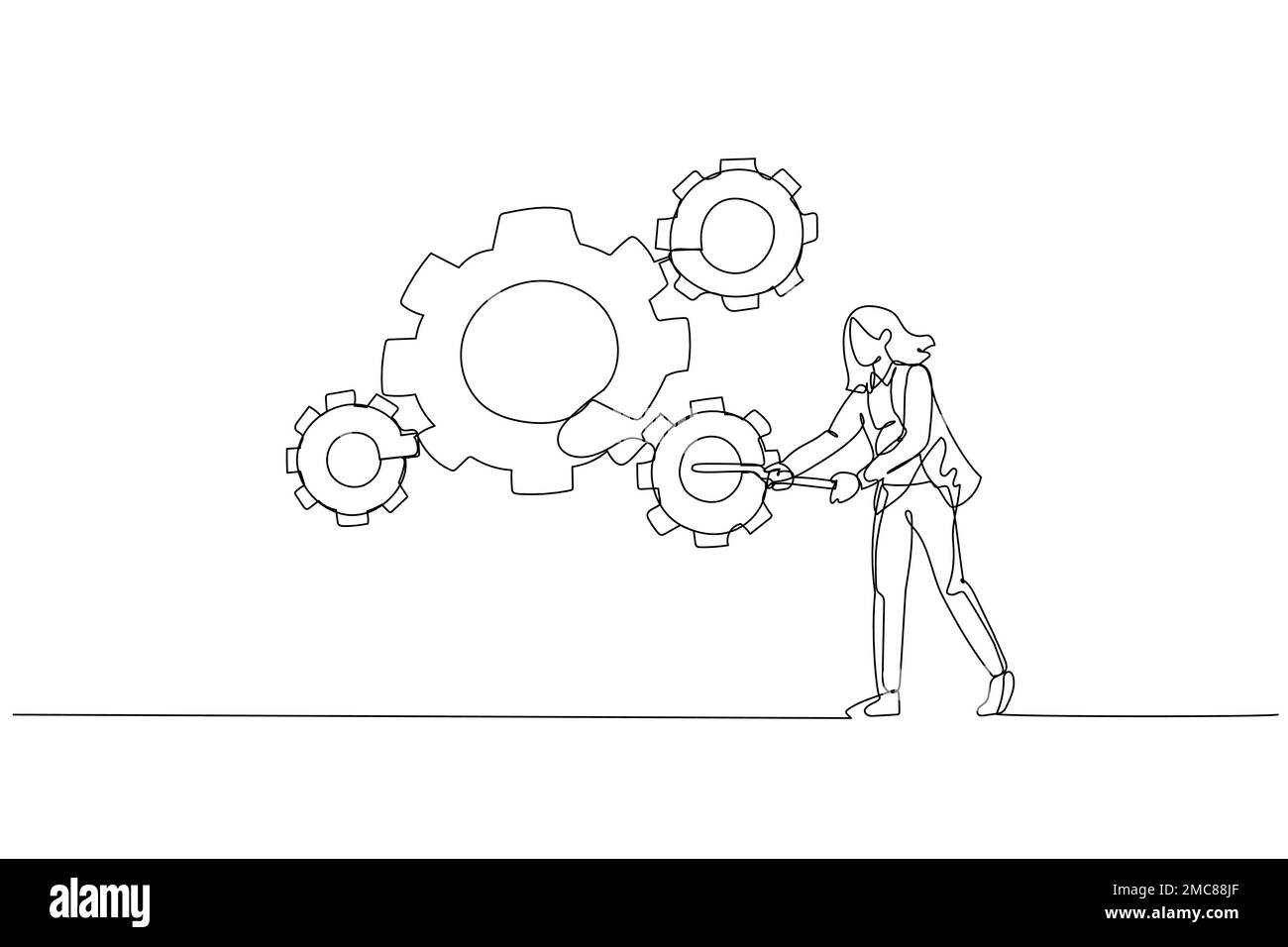 Drawing of businesswoman manager use managerial skill to rotate group ...