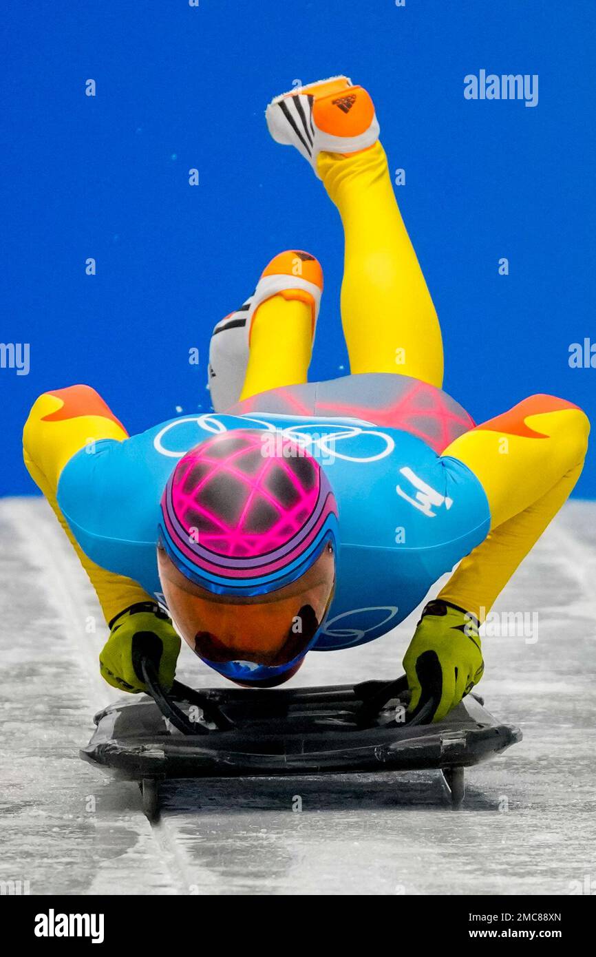 Ander Mirambell, of Spain, starts the men's skeleton run 3 at the 2022 ...