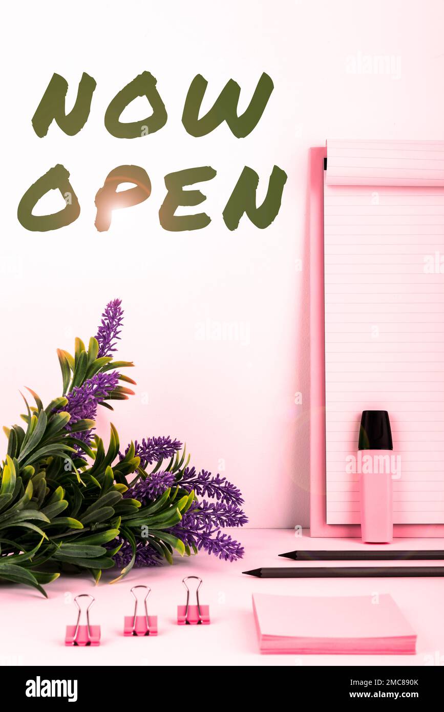 Sign displaying Now Open. Concept meaning leave door or windows not ...