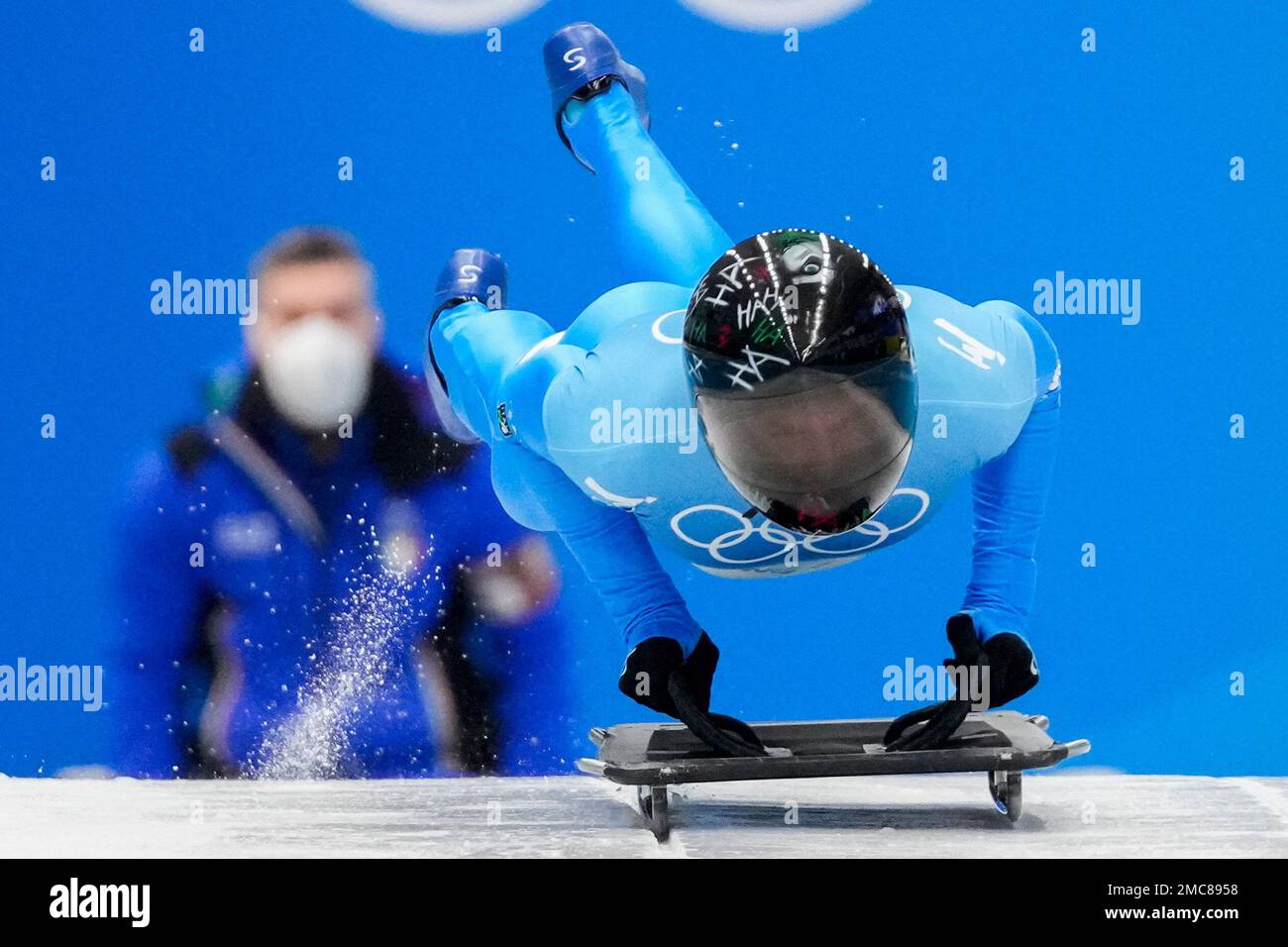 Amedeo Bagnis, of Italy, starts slides during men's skeleton run 3 at ...