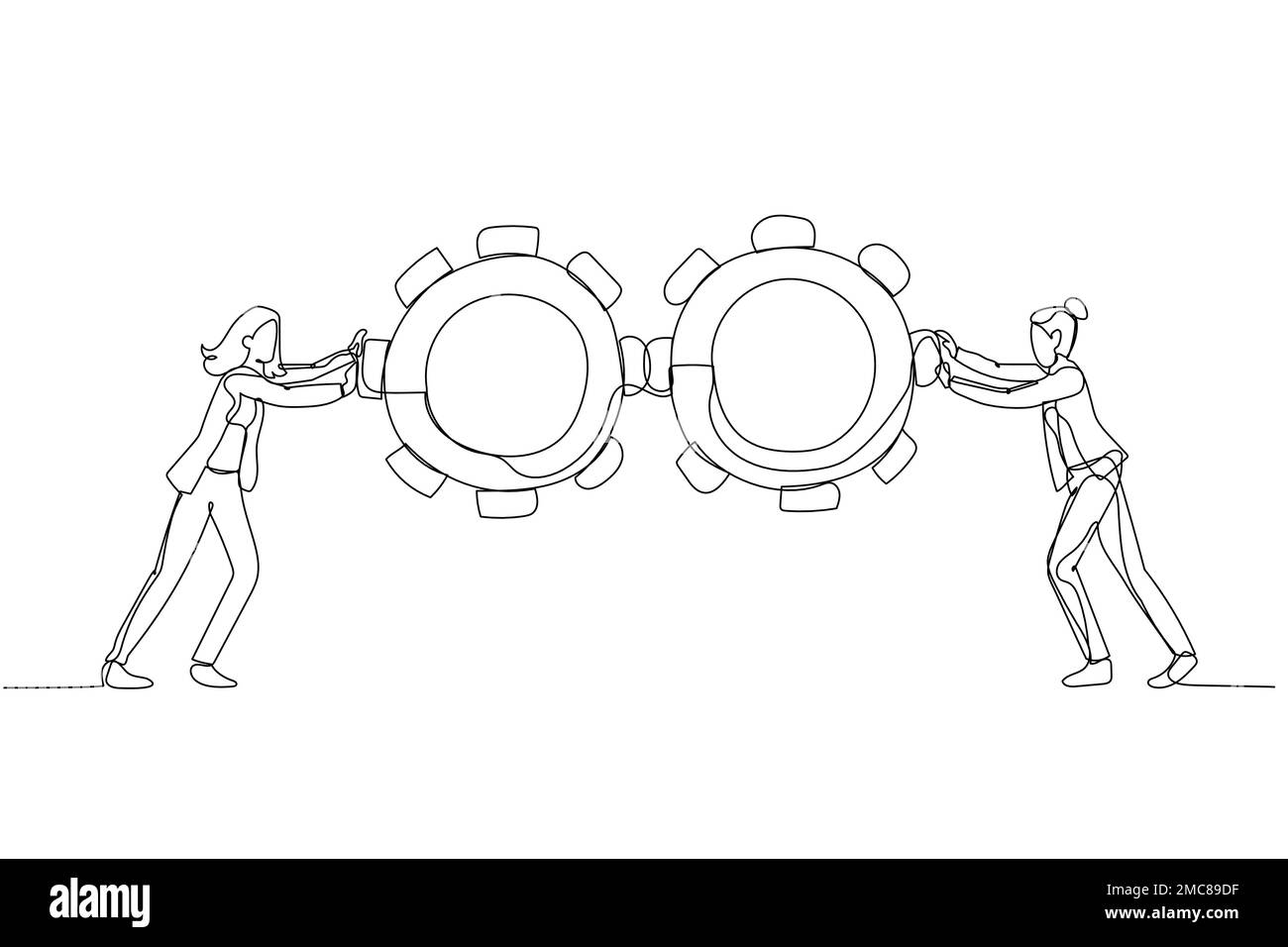 Drawing of businesswoman pushing gears wheel concept of business team ...