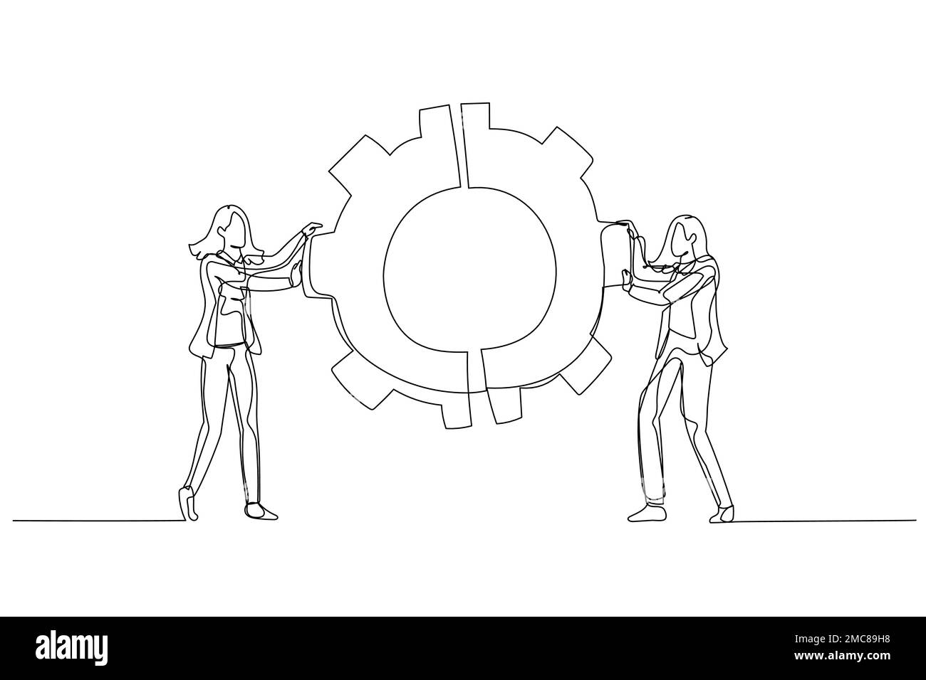 Cartoon of businesswoman with team colleagues connecting cogwheel gear ...