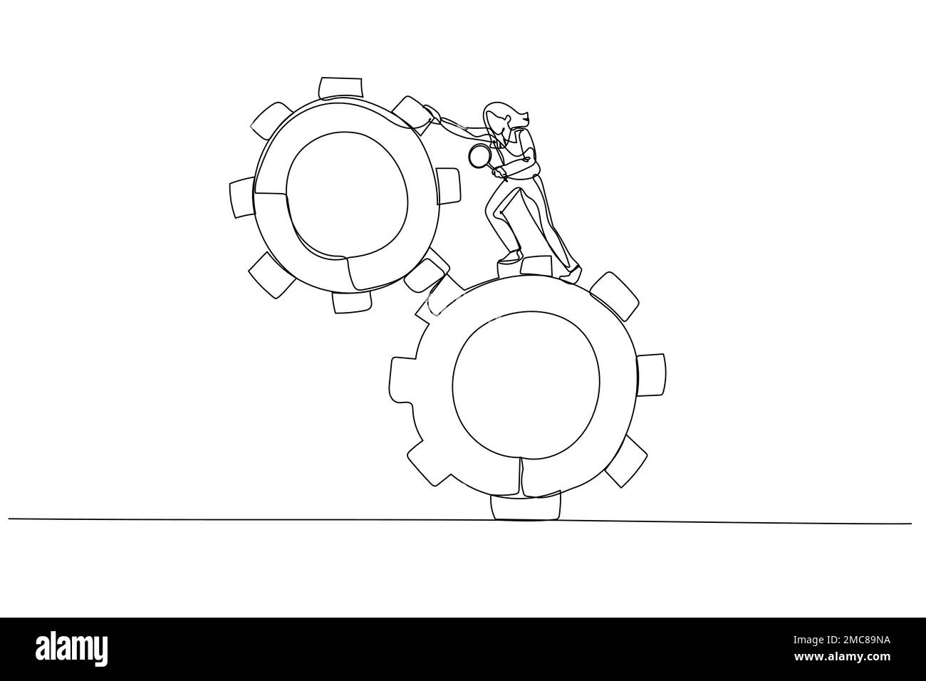 Illustration of businesswoman leader use magnifying glass analyze cog ...