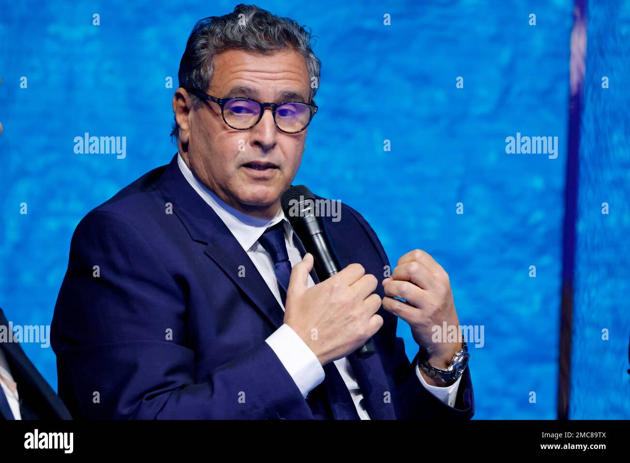 Morocco's Prime Minister Aziz Akhannouch delivers a speech during the ...
