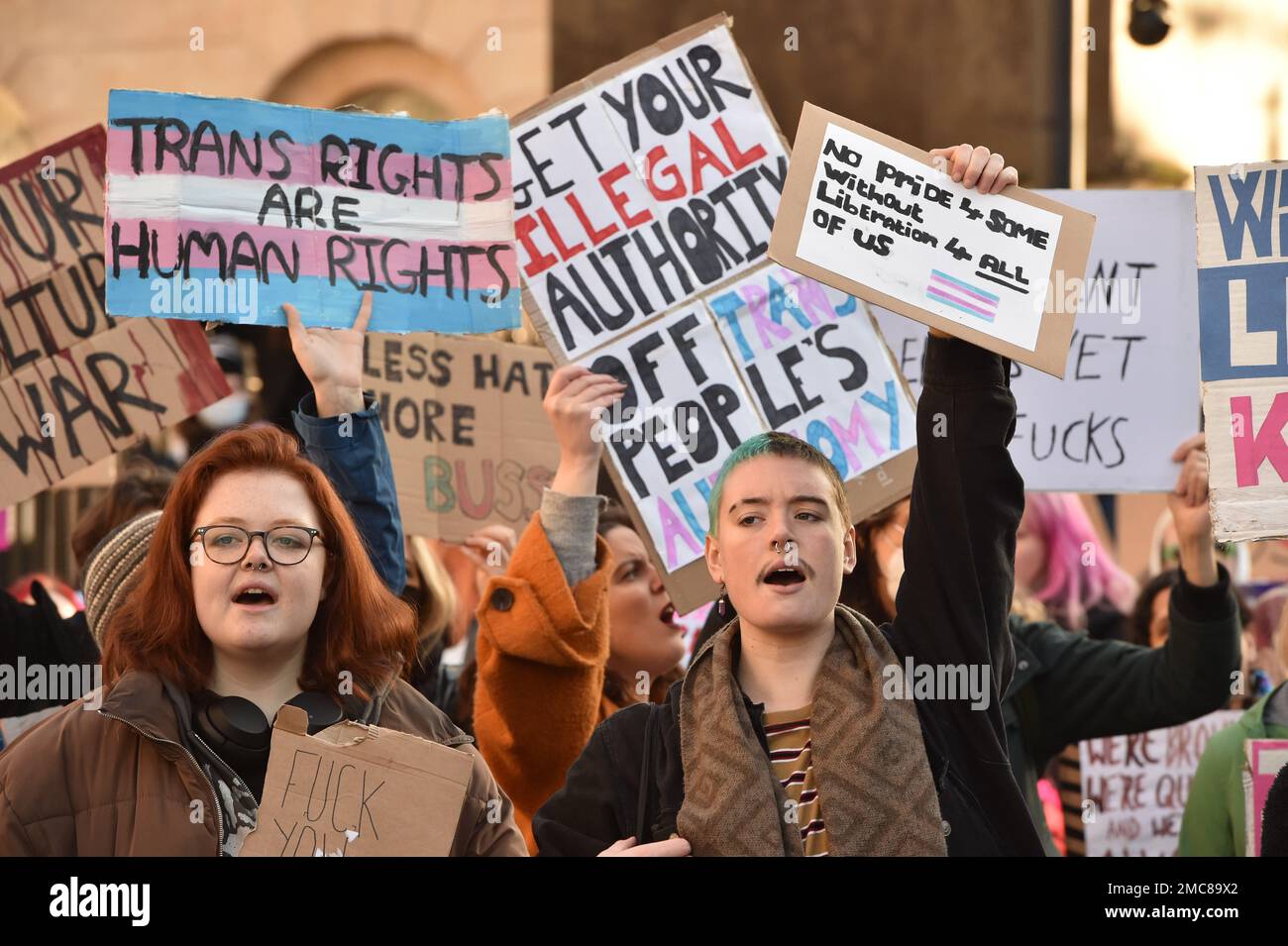 London, England, UK. 21st Jan, 2023. Trans rights activists protest the ...