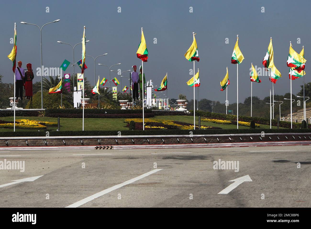 National flags line the a traffic circle ahead of Saturday's 75th Union ...