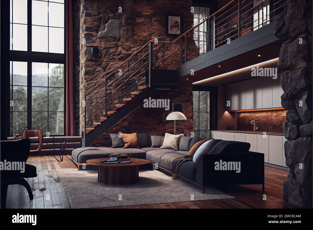Sofa wooden floor empty space loft living contemporary apartment open ...