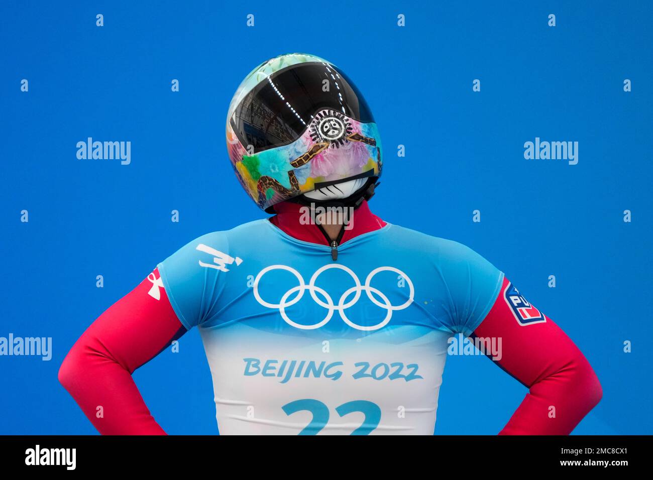 Kellie Delka, of Puerto Rico, stretches prior to the women's skeleton ...