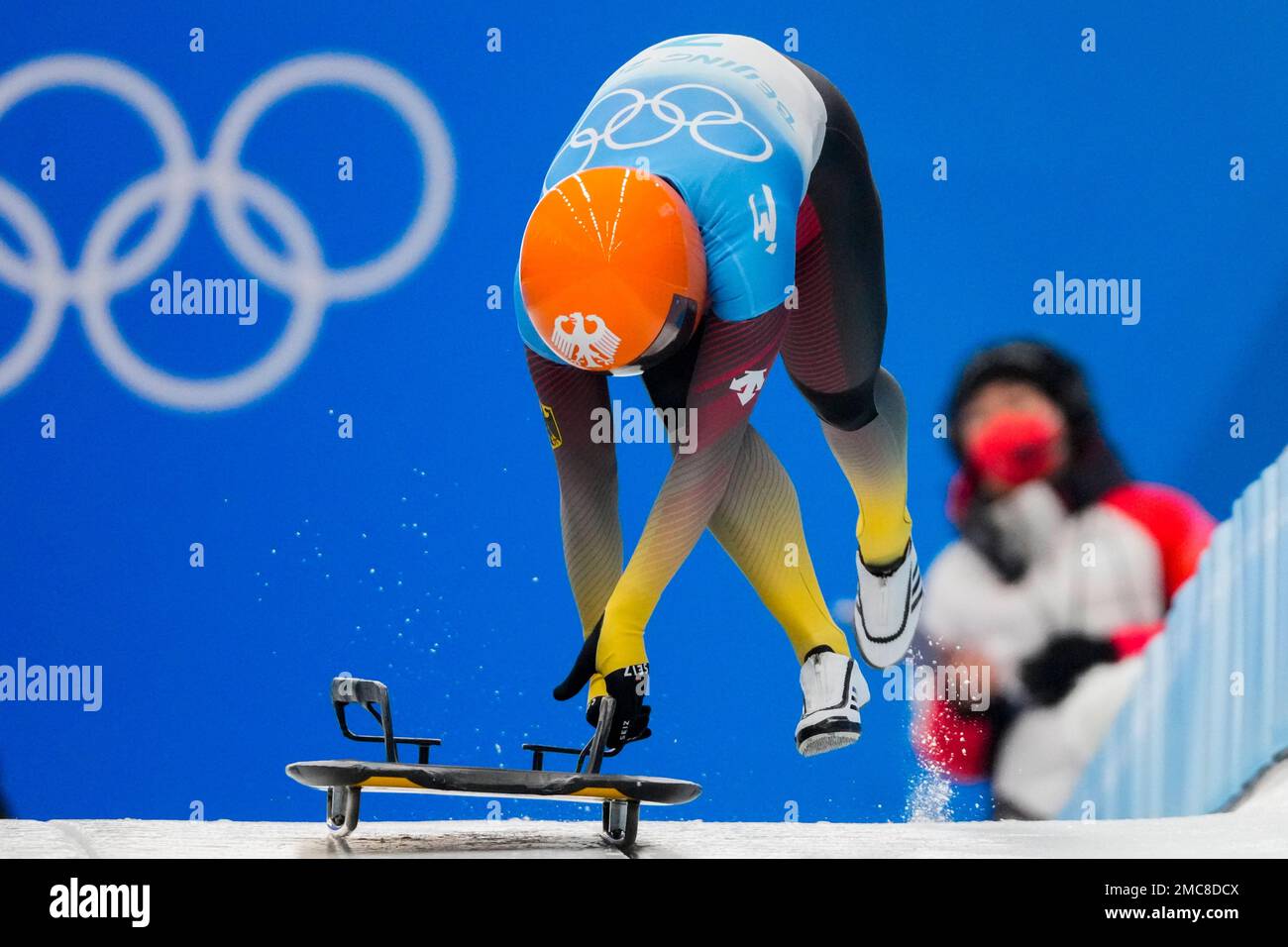 Tina Hermann, of Germany, starts the women's skeleton run 2 at the 2022 ...