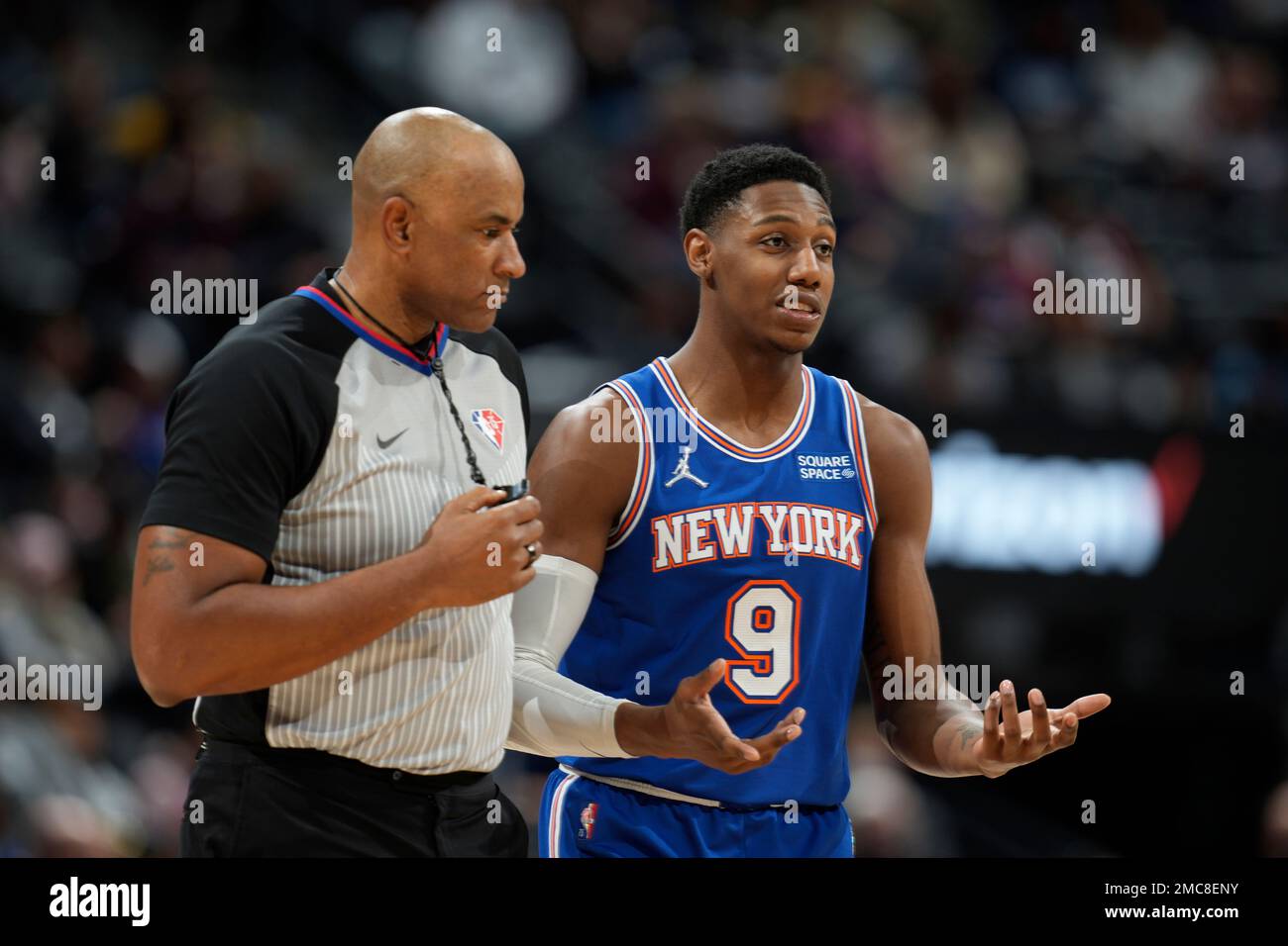 New York Knicks guard RJ Barrett (9) argues for a call with referee ...