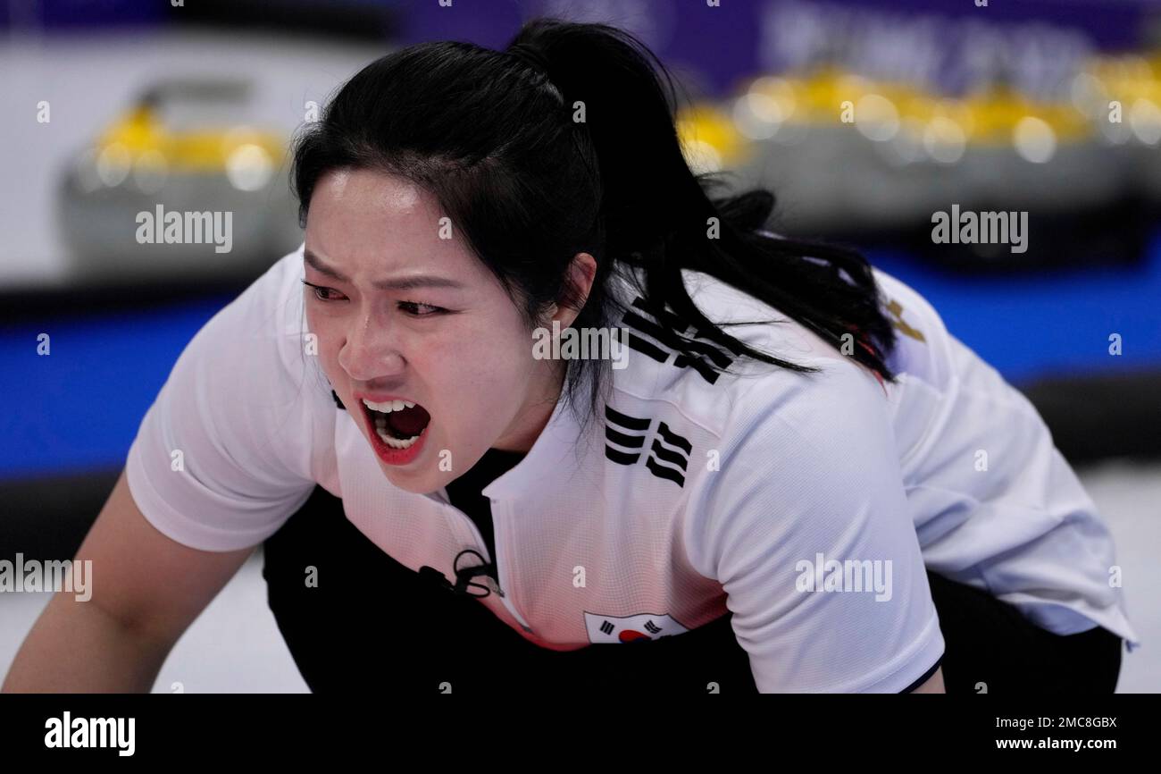 South Korea's Kim Kyeong-ae, directs her teammates, during the women's ...